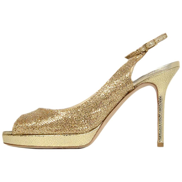 Jimmy Choo Gold Glitter Nova Open Toe Slingback Platform Shoes Sz 38 ...