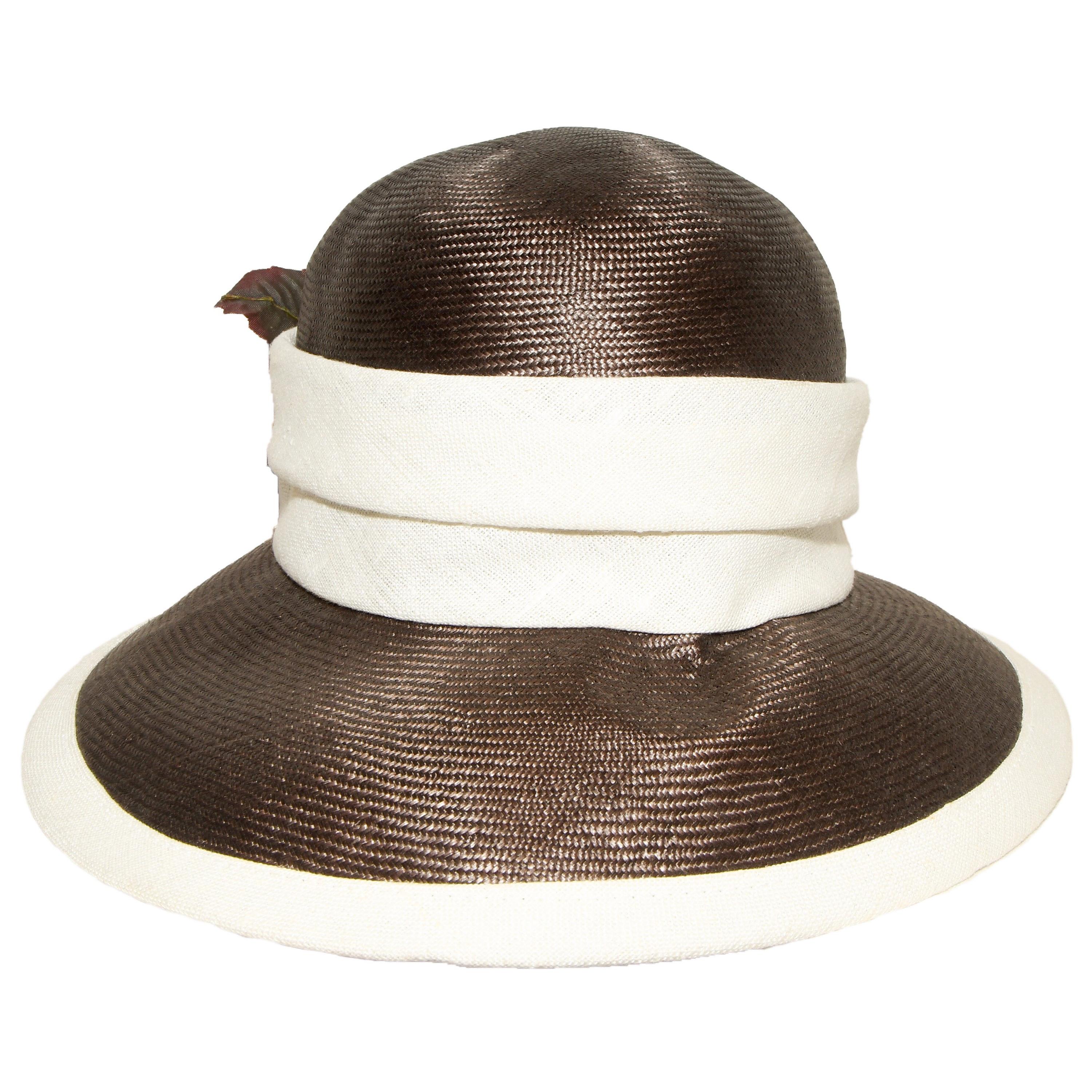 Halston Brown and Beige Hat W/ Beige Linen Band at 1stDibs