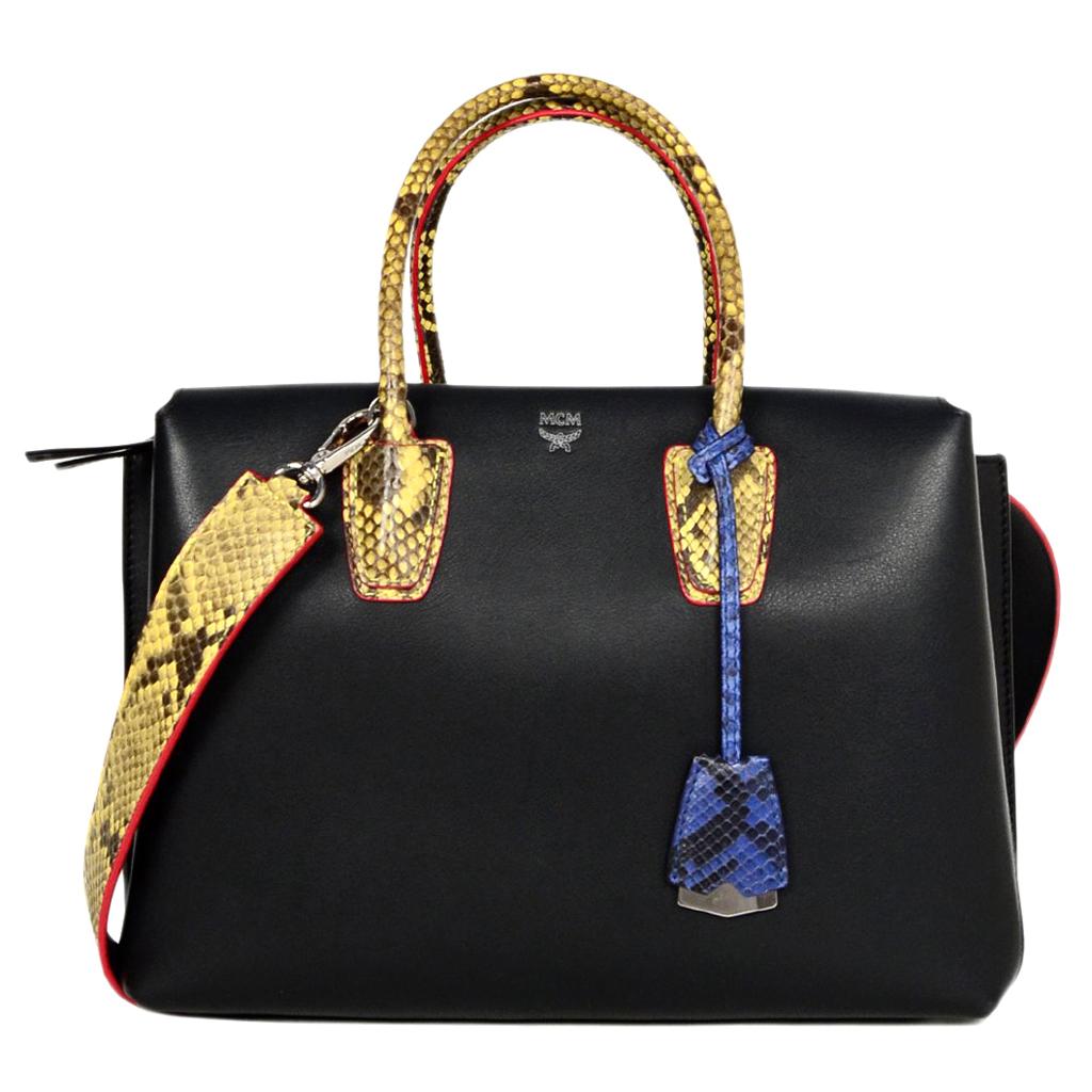 MCM 2017 Black Leather/Python Medium Milla Tote Bag W/ Yellow Exotic ...