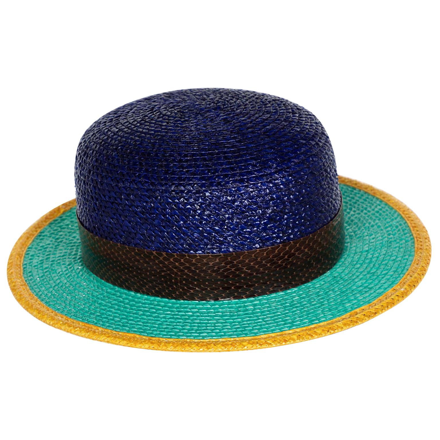Yves Saint Laurent Glossy Color Block Snakeskin Trim Bowler Hat YSL ...