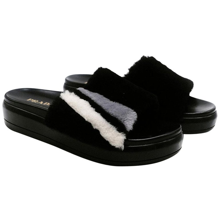 Prada Black Fur Platform Slide Sandals US 9 at 1stDibs