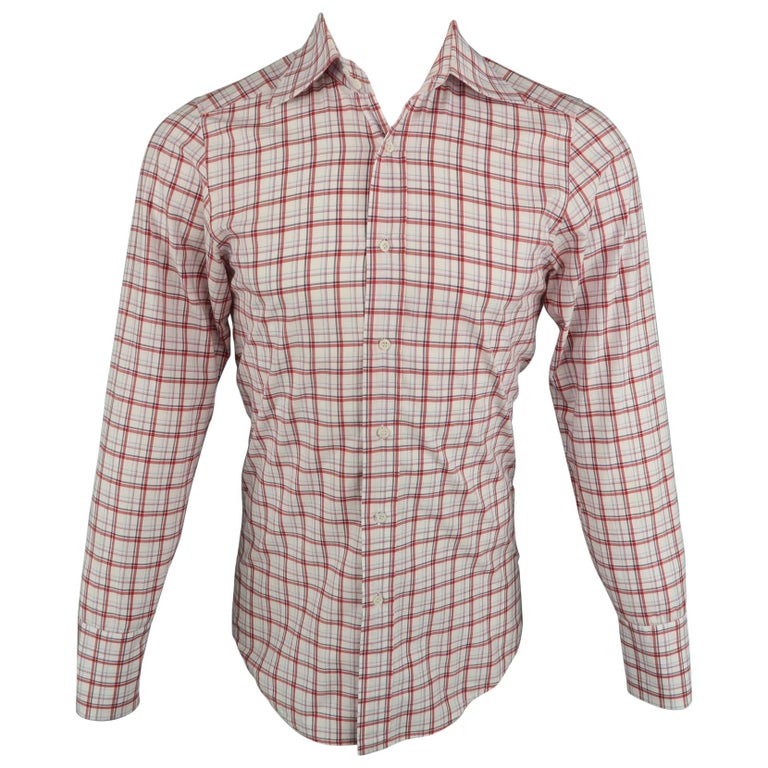 GUCCI Size S White and Red Plaid Cotton Button Up Long Sleeve Shirt at ...