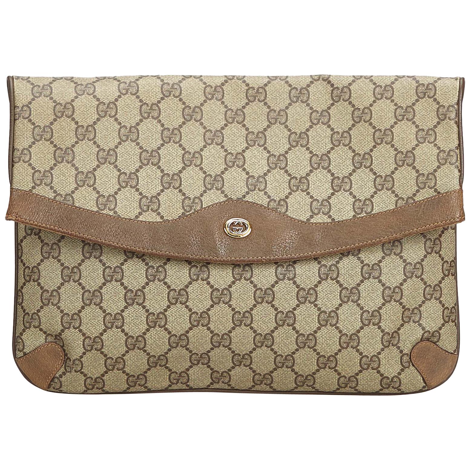 Gucci Brown Beige PVC Plastic GG Clutch Bag Italy For Sale at 1stDibs