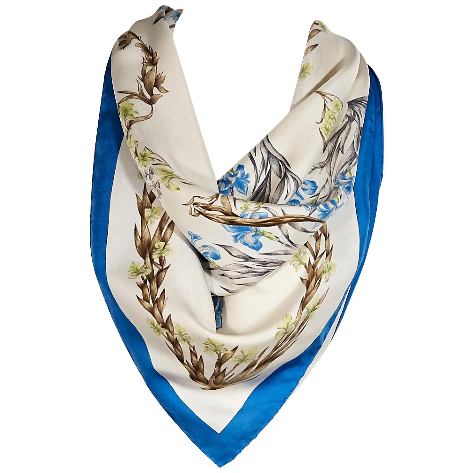 Cream and Blue Hermes Floral Silk Scarf at 1stDibs | hermes floral scarf