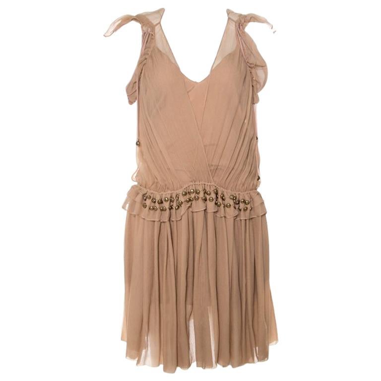 Chloe Pinky Beige Silk Crepon Pleated Embellished Dress S at 1stDibs ...