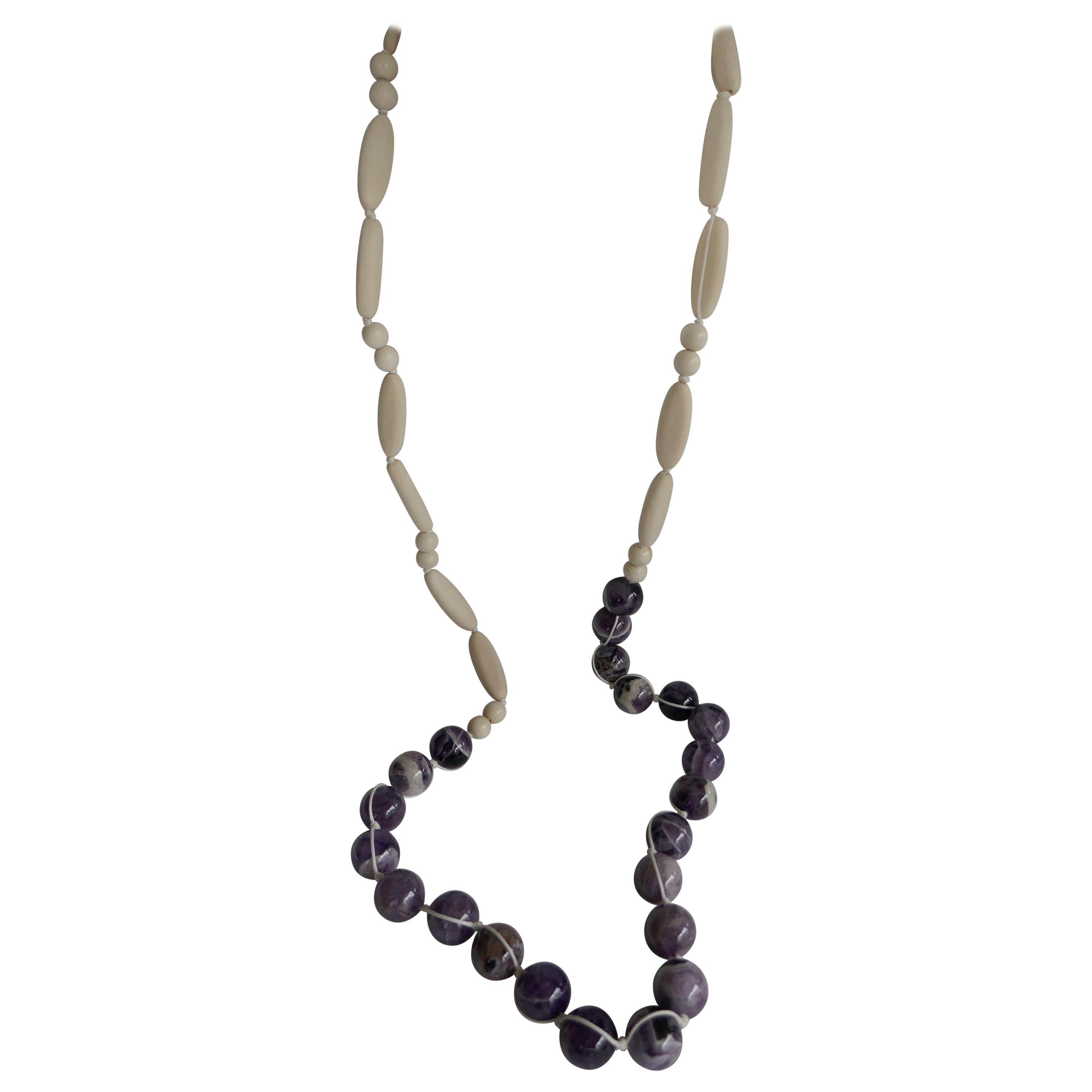 Dog Tooth Amethyst Wood Long Gemstone Necklace For Sale at 1stDibs