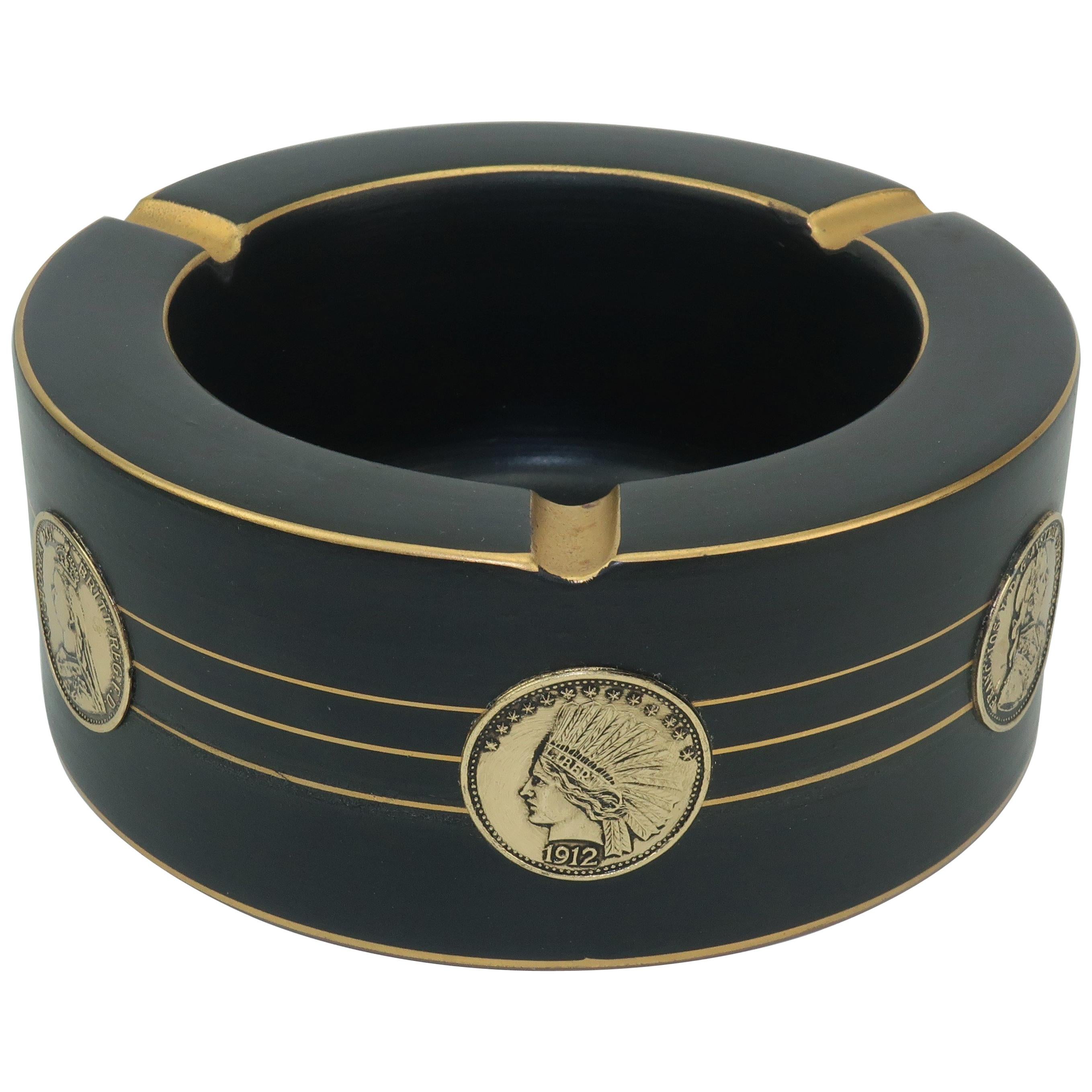 Vintage Italian Black Ceramic Ashtray With Gold Coin Motif at 1stDibs