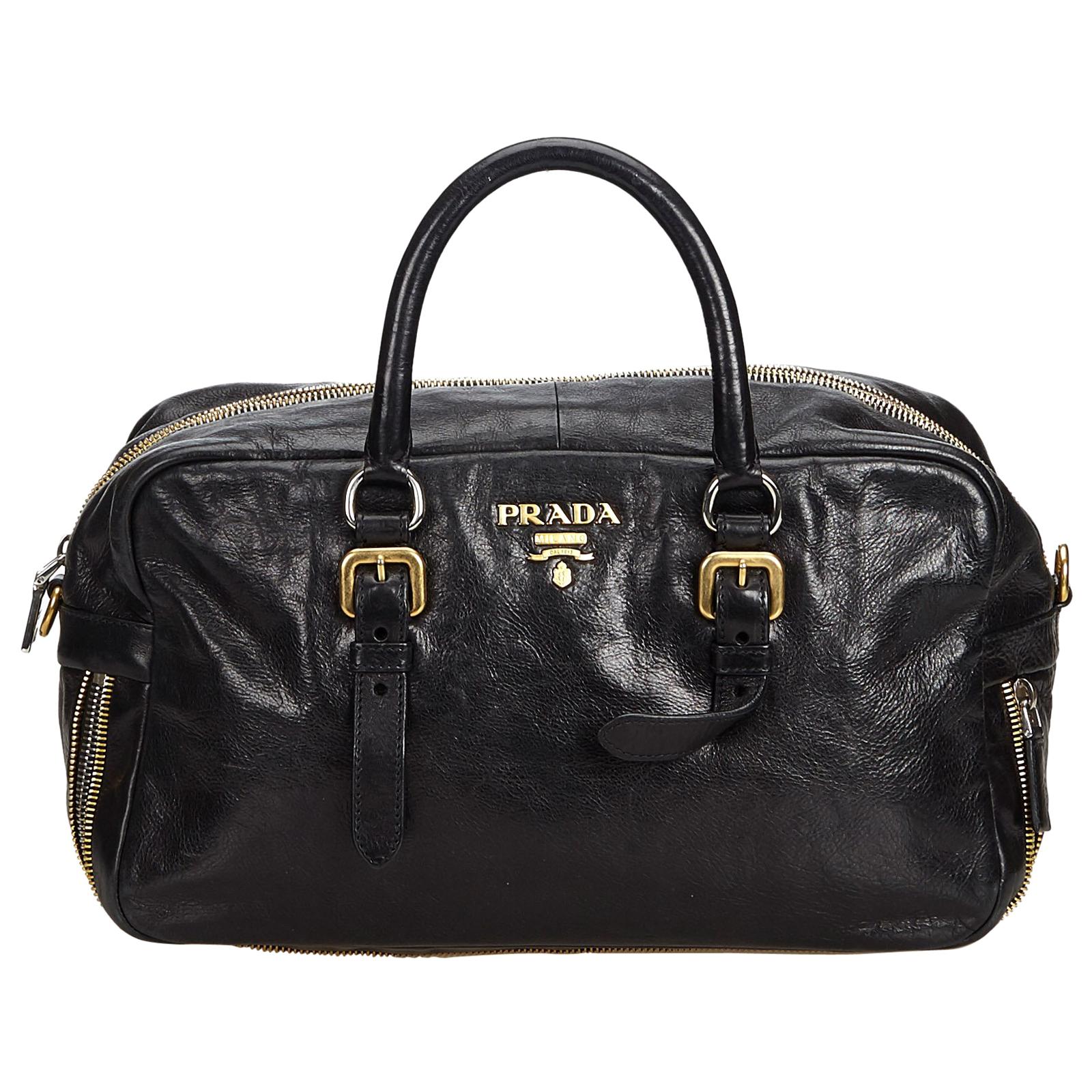 Prada Black Leather Handbag Italy w/ Dust Bag For Sale at 1stDibs