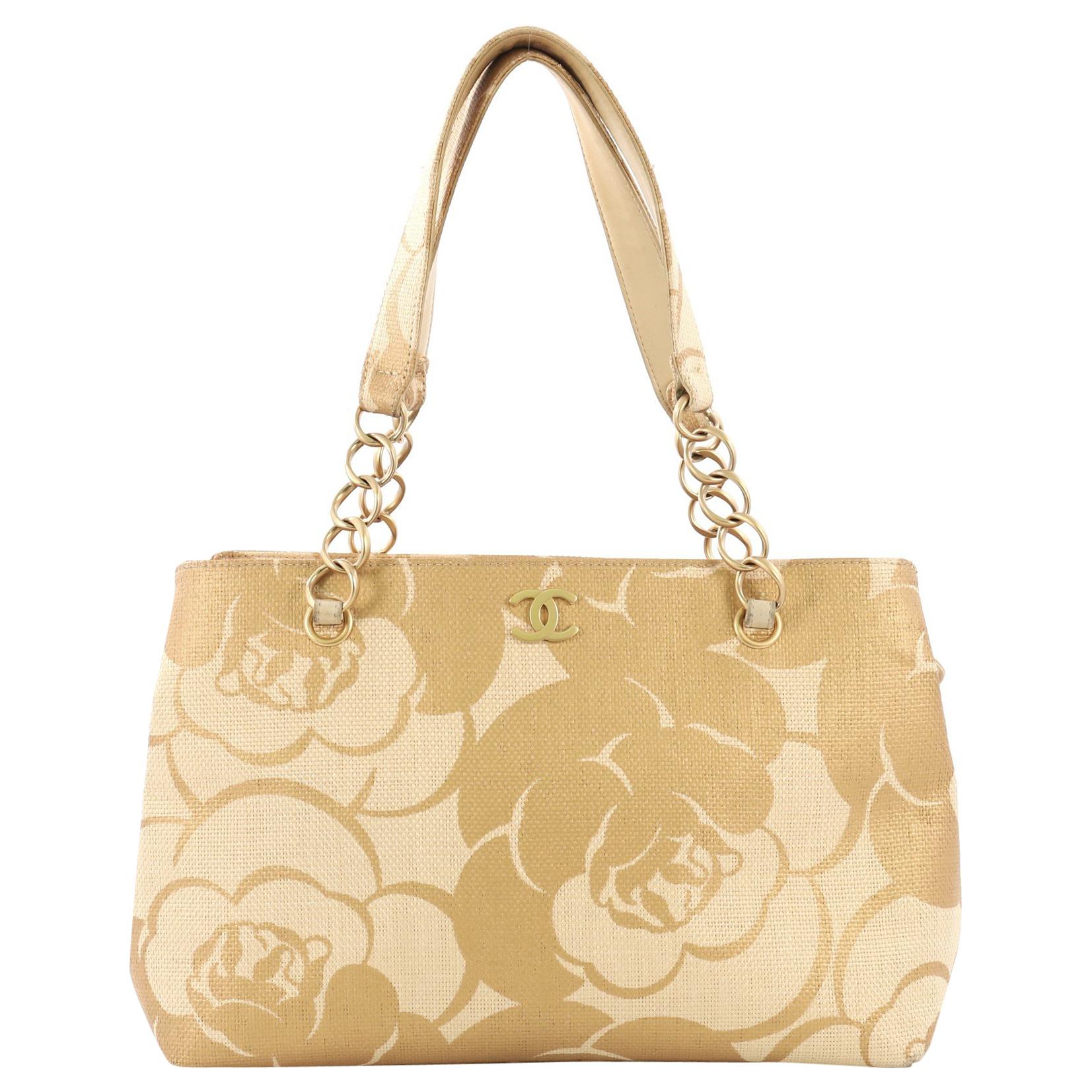 Chanel Vintage Camellia Chain Tote Printed Raffia Medium at 1stDibs