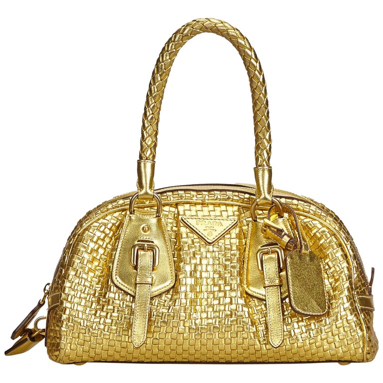 Prada Gold Leather Madras Intreccio Frame Metallic Handbag Italy For ...