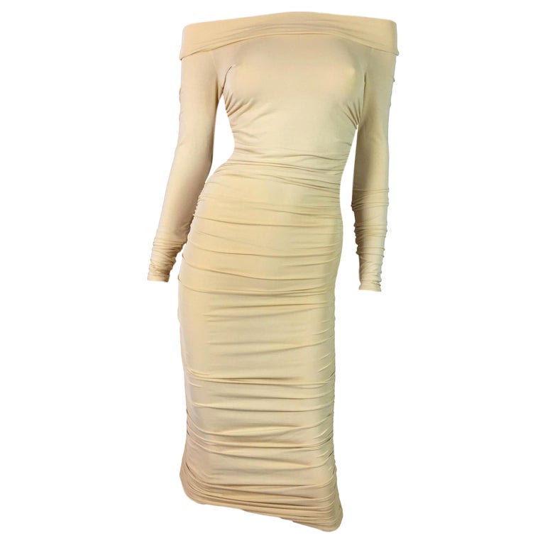 S S 2001 Celine Yellow Nude Sheer Off Shoulder Ruched L S Wiggle Dress