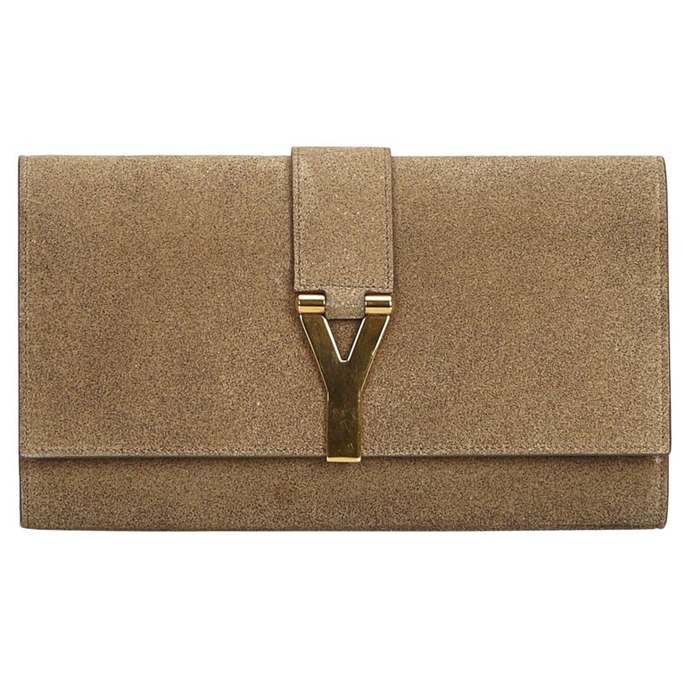 YSL Brown Khaki Fabric Classic Y Clutch France For Sale at 1stdibs