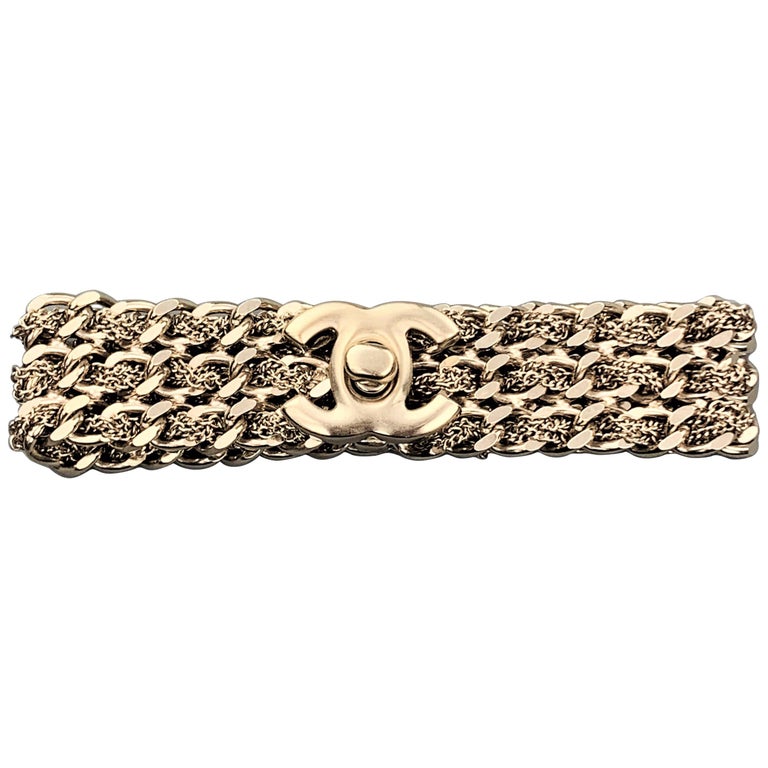 CHANEL Silver Tone Metal Woven Chain Link CC Turnlock Bracelet at 1stDibs