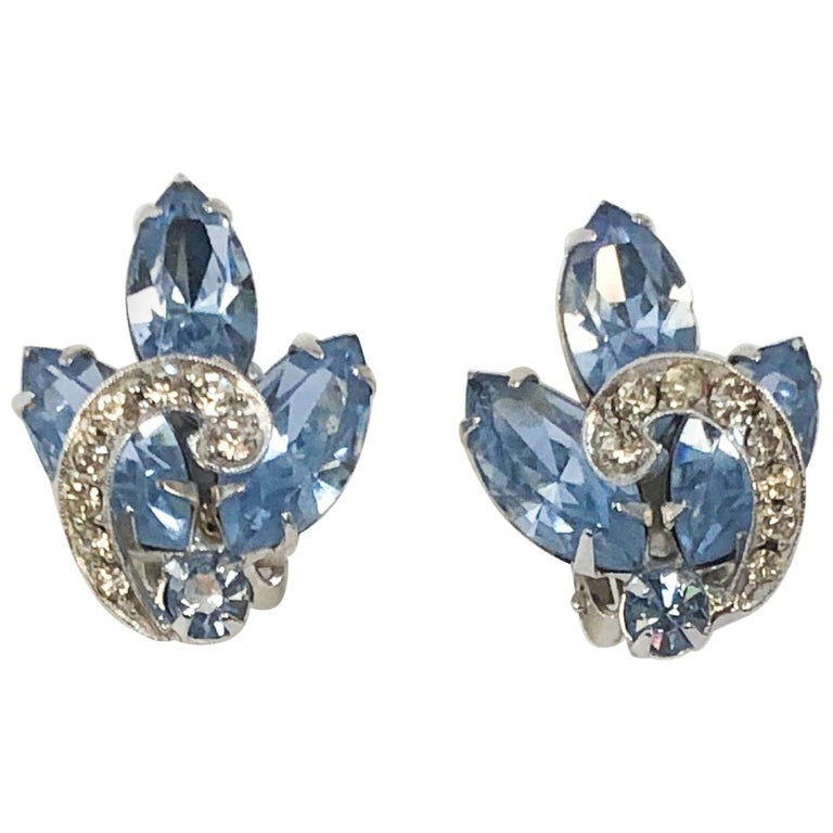1950s Weiss Clip-on Sky Blue Rhinestone Earrings at 1stDibs