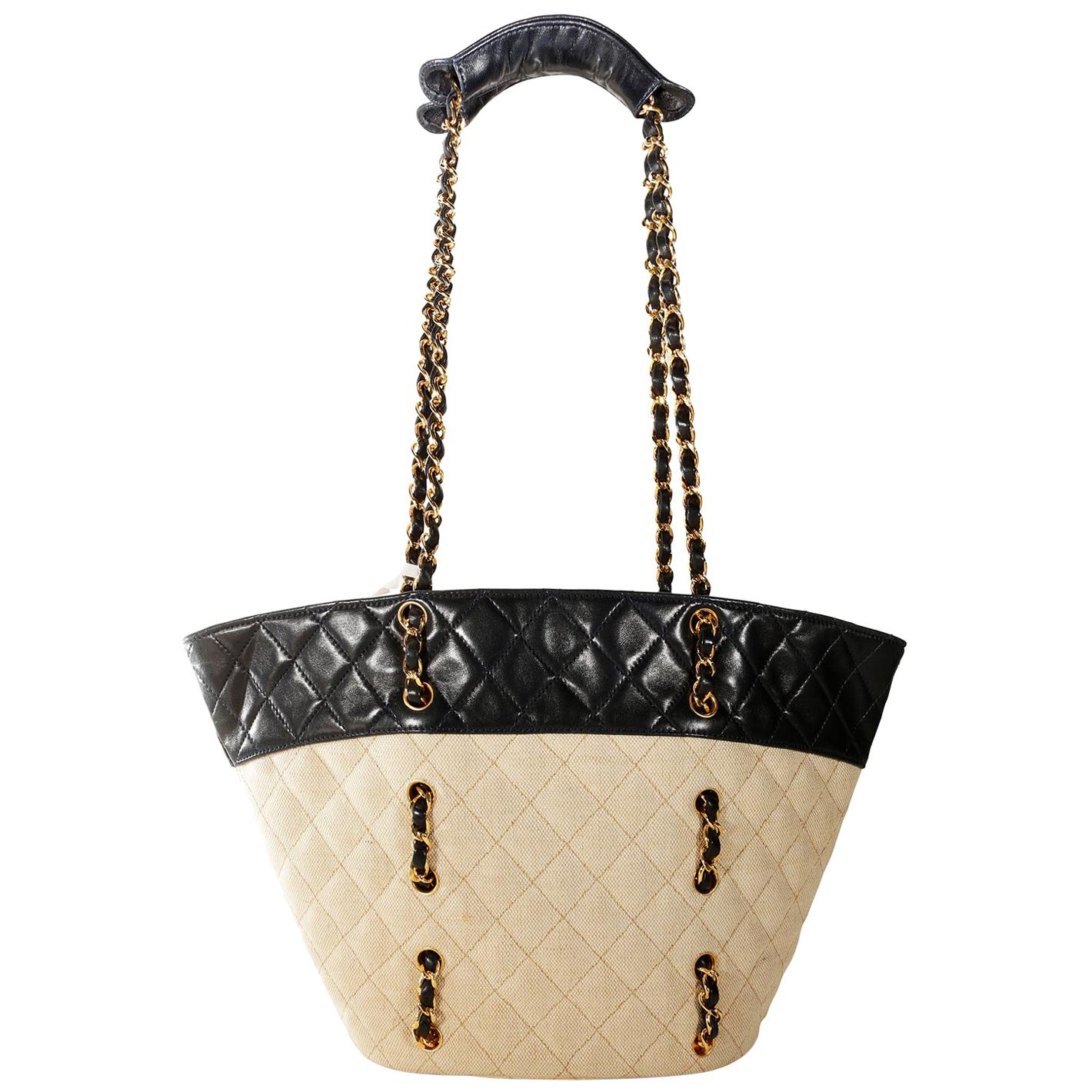 Chanel Canvas and Navy Leather Bucket Tote at 1stDibs