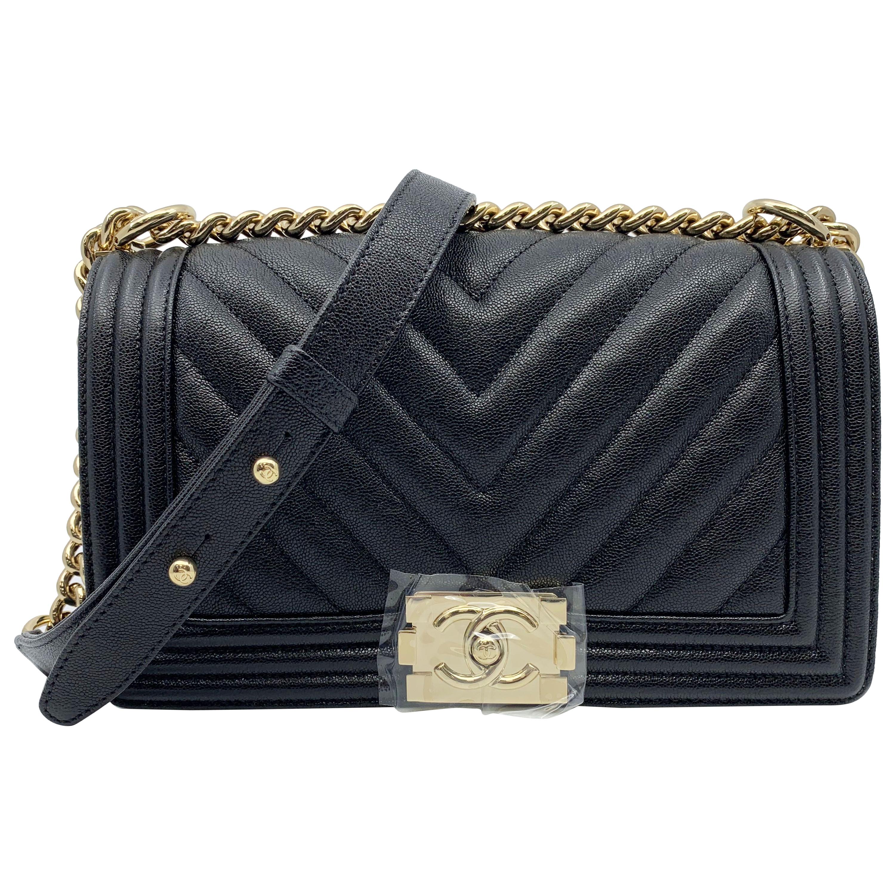 Chanel Caviar Chevron Quilted New Medium Boy Flap Black A67086 at ...