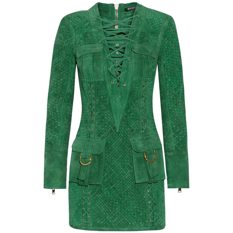 Balmain Lace-Up Woven Suede Mini Dress at 1stDibs