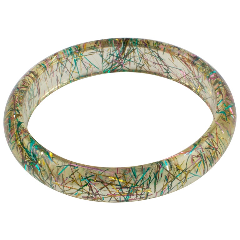 Clear Lucite Bracelet Bangle Multicolor Metallic Thread Inclusions For ...