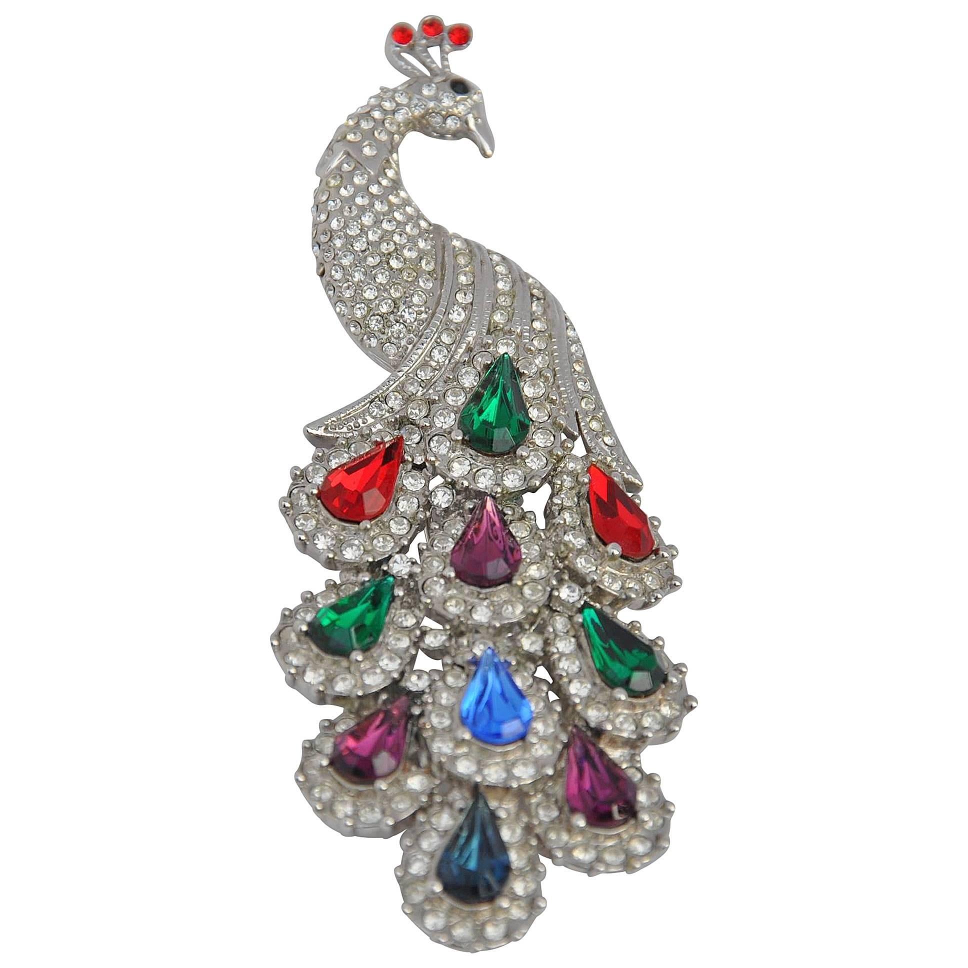 Huge Multi-Color Rhinestone with Silver Hardware "Peacock" Brooch at ...