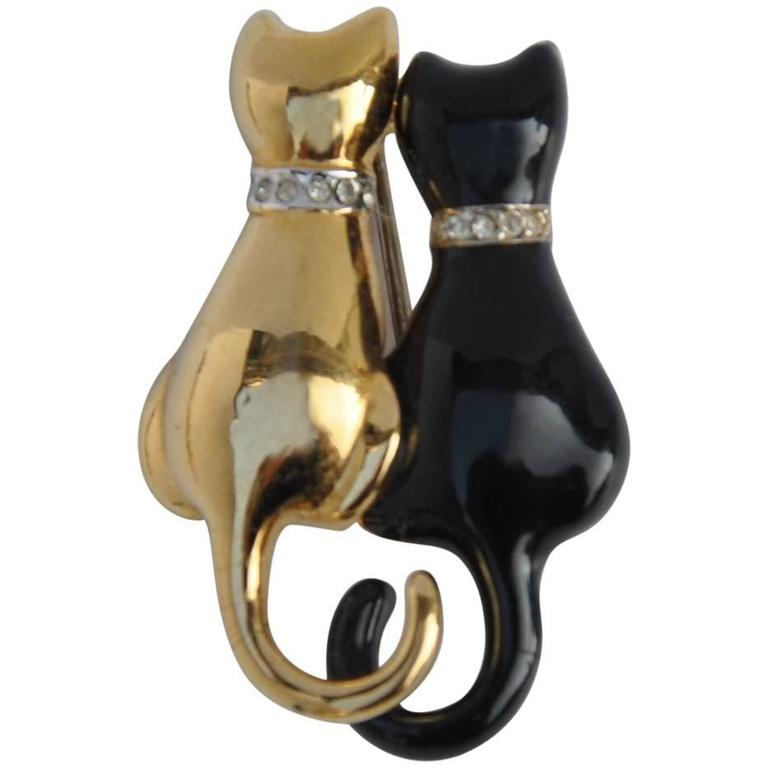 Carolee "Pair of Cats" Gilded Gold and Enamel Brooch at 1stDibs