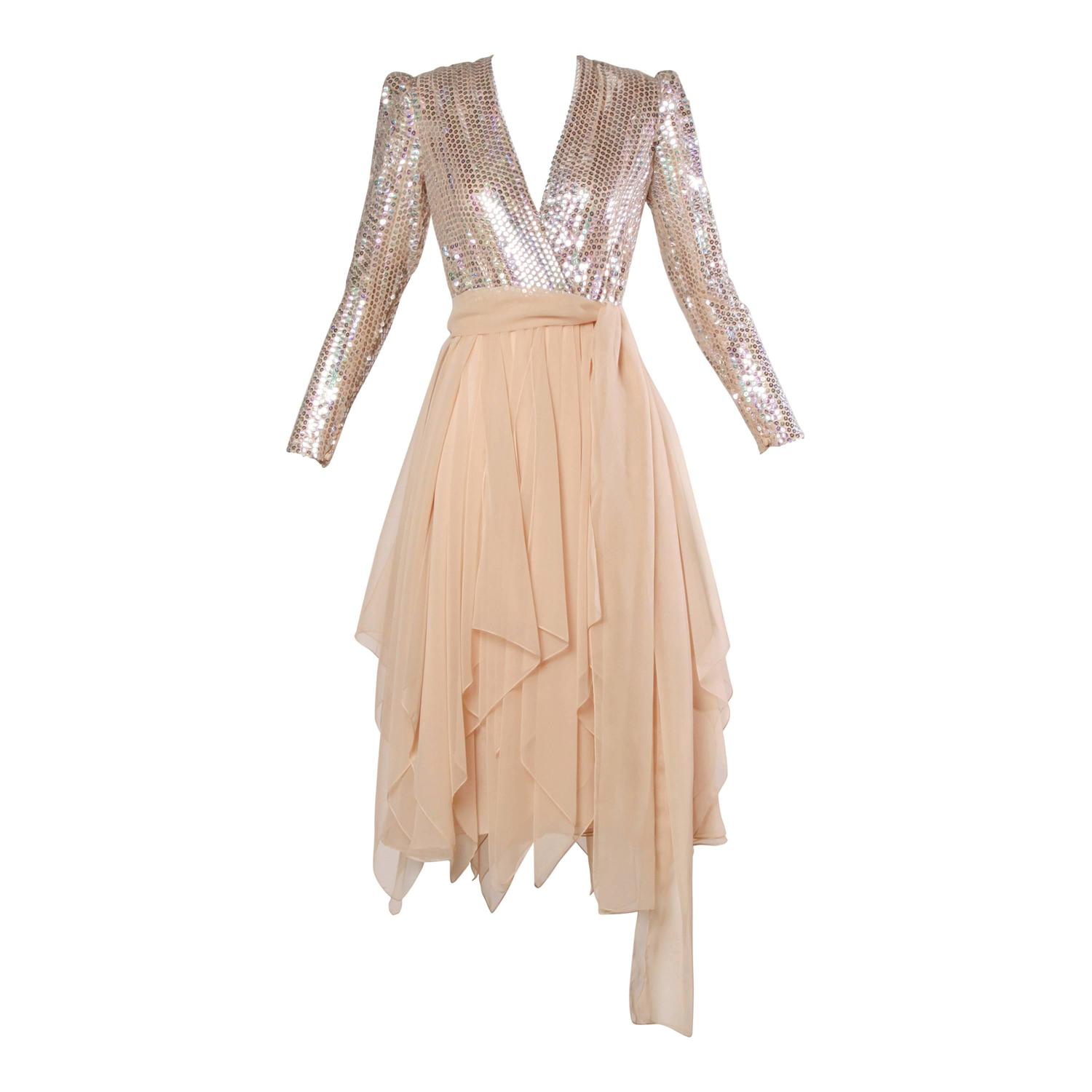 1970s Estevez Metallic Sequin Chiffon Disco Dress with a Plunging ...