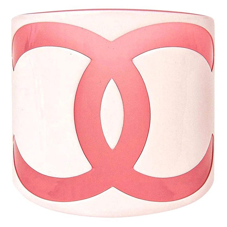Chanel CC Pink and White Plastic Wide Cuff Bracelet For Sale at 1stDibs