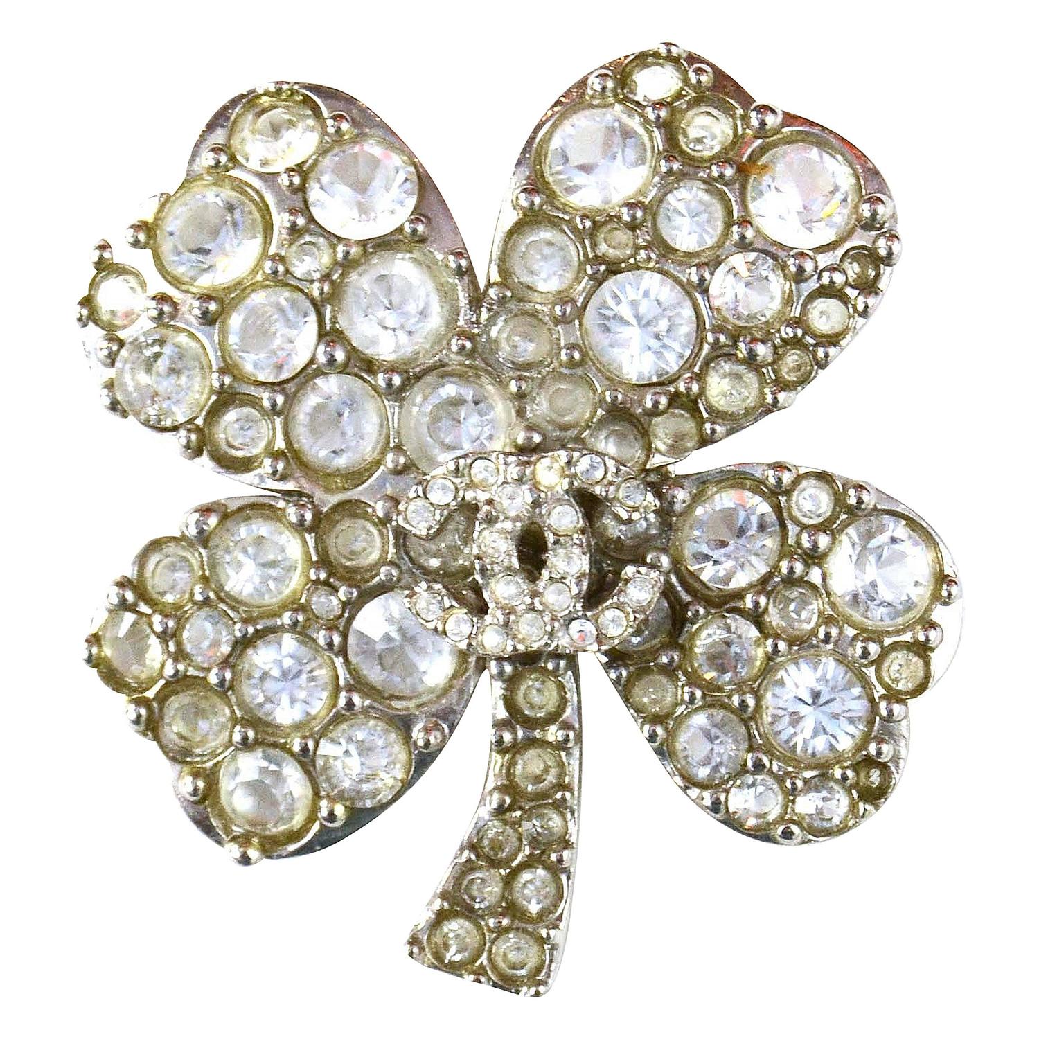 Chanel Silver and Rhinestone Four Leaf Clover Brooch at 1stdibs