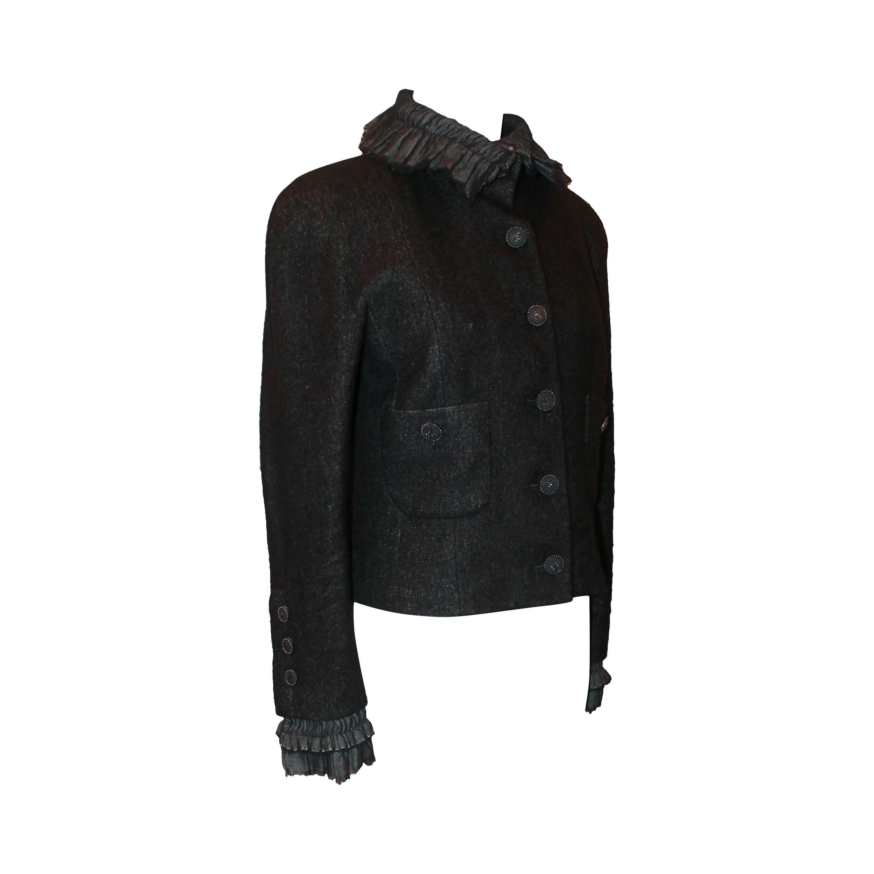 Chanel Black and Charcoal Jacket with Ruffled Collar and Cuff - 42 at ...