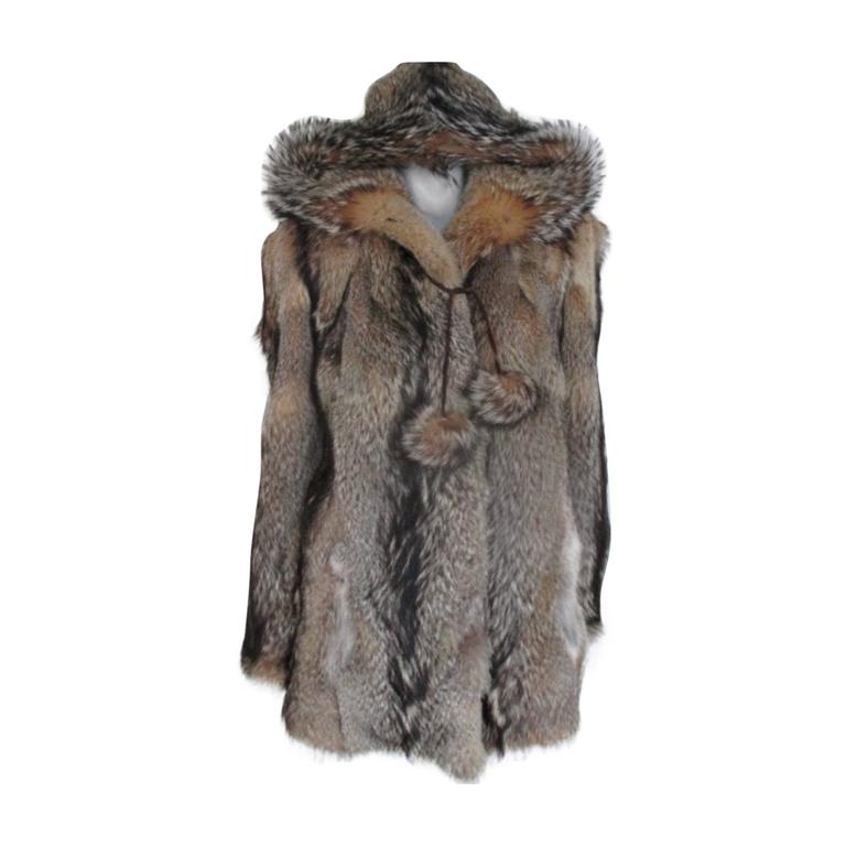 Rustic wolf hooded fur jacket at 1stDibs
