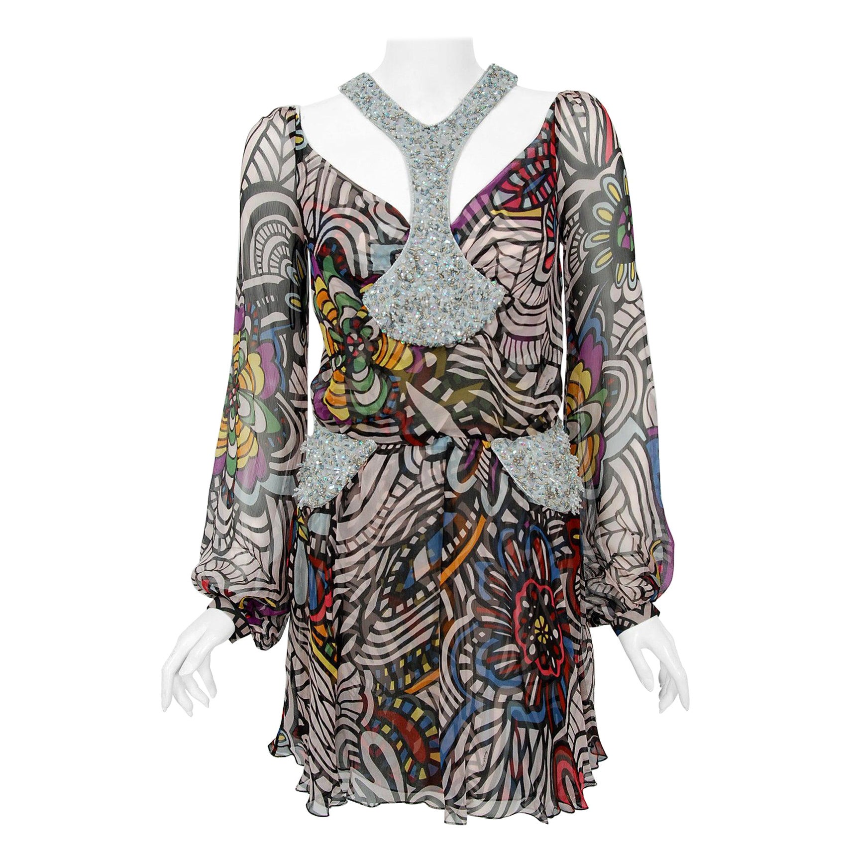 1970's Missoni Vivid Op-Art Print Silk Billow-Sleeve Mini Dress at 1stDibs