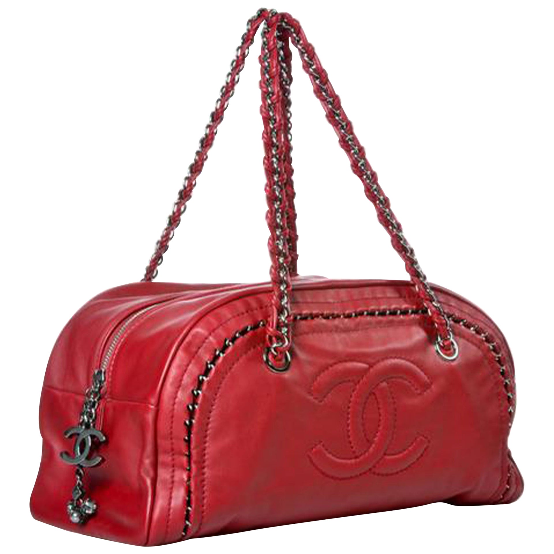 Chanel Red Quilted Patent Leather Large Just Mademoiselle Bowler Bag ...