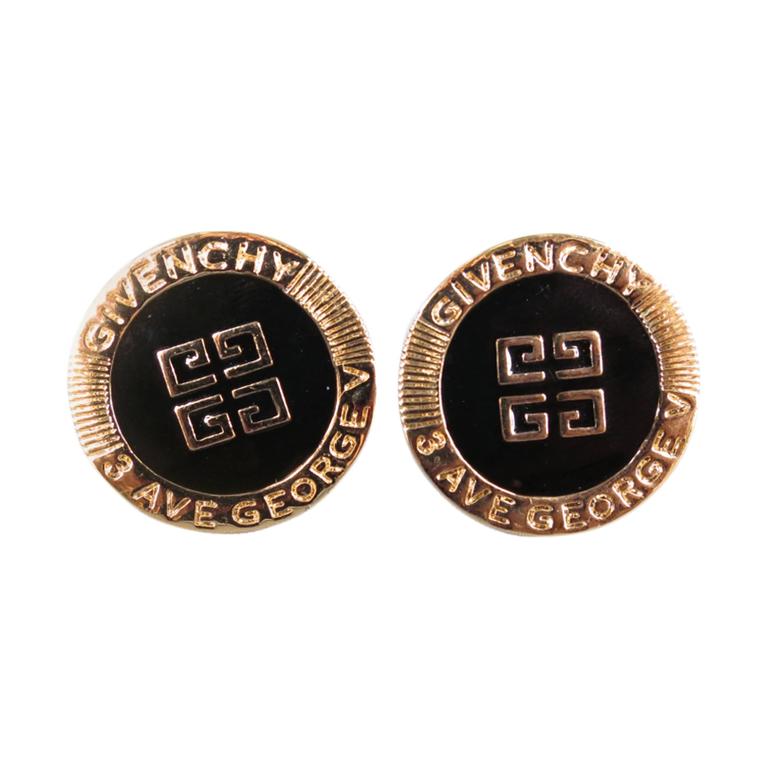 GIVENCHY Gold and Black Enamel Logo Clip On Earrings at 1stDibs