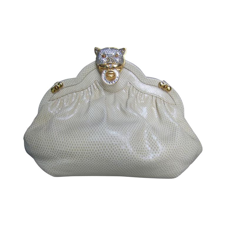 Opulent Jeweled Panther Clasp Ivory Leather Evening Bag c 1980s at 1stDibs