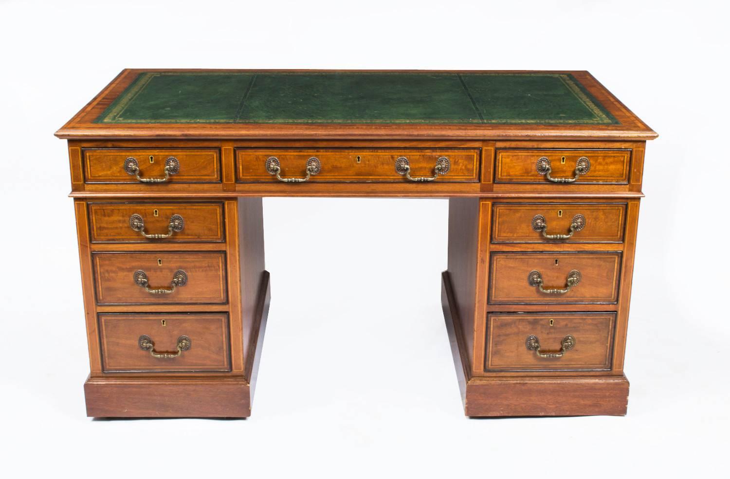 Antique Edwardian Inlaid Mahogany Pedestal Desk c.1900 at 1stDibs