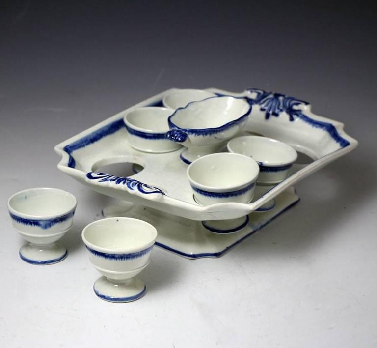 English Pearlware Pottery Egg Cruet with Salt, Six Egg Cups, Early 19th ...