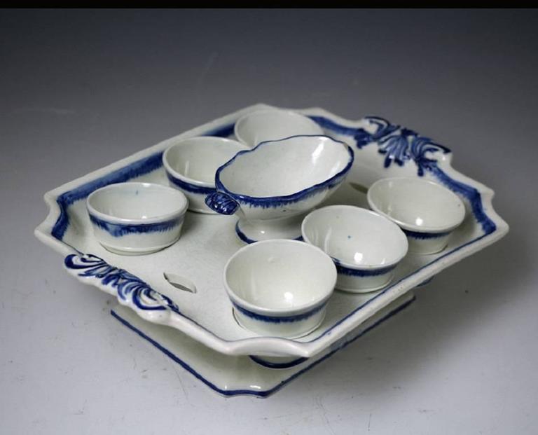 English Pearlware Pottery Egg Cruet with Salt, Six Egg Cups, Early 19th ...