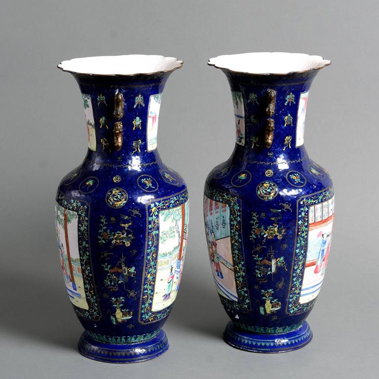 Pair of 19th Century Canton Dark Blue Enamel Vases with figurative ...
