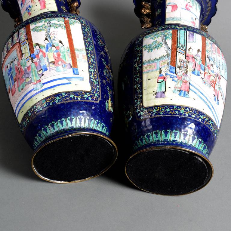 Pair of 19th Century Canton Dark Blue Enamel Vases with figurative ...