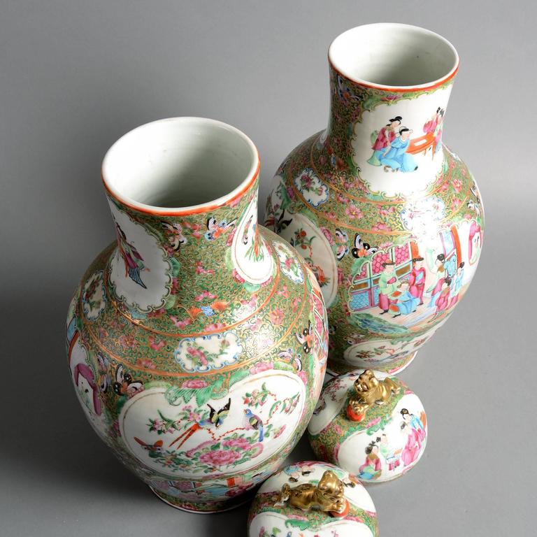 19th Century Pair of Canton Porcelain Vases and Covers For Sale at 1stDibs