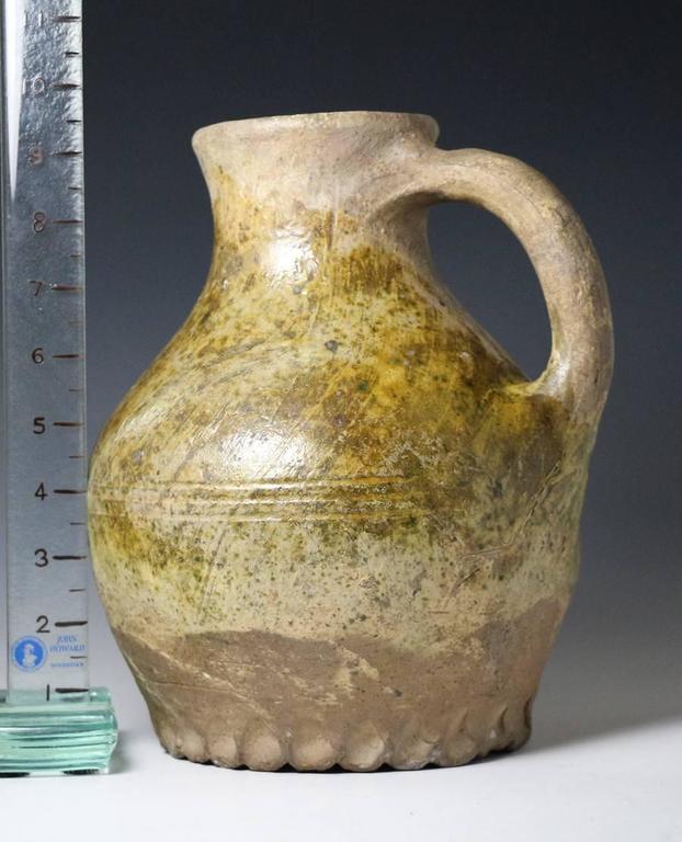 English Earthenware Medieval Pitcher with Thumbnail Decoration at 1stDibs