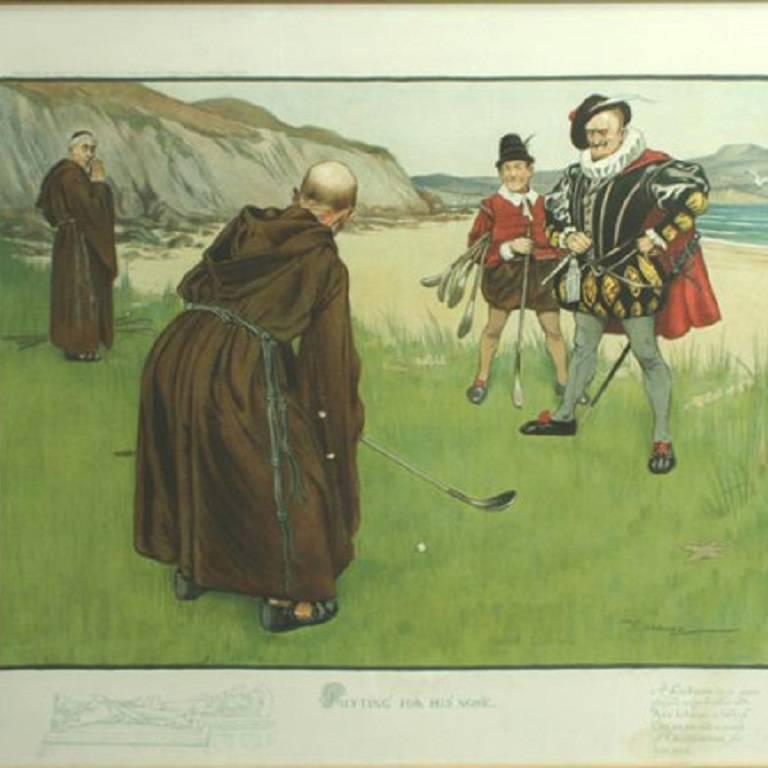 Vintage Golf Art, Humorous Golf Print, Putting for His Nose, Charles ...