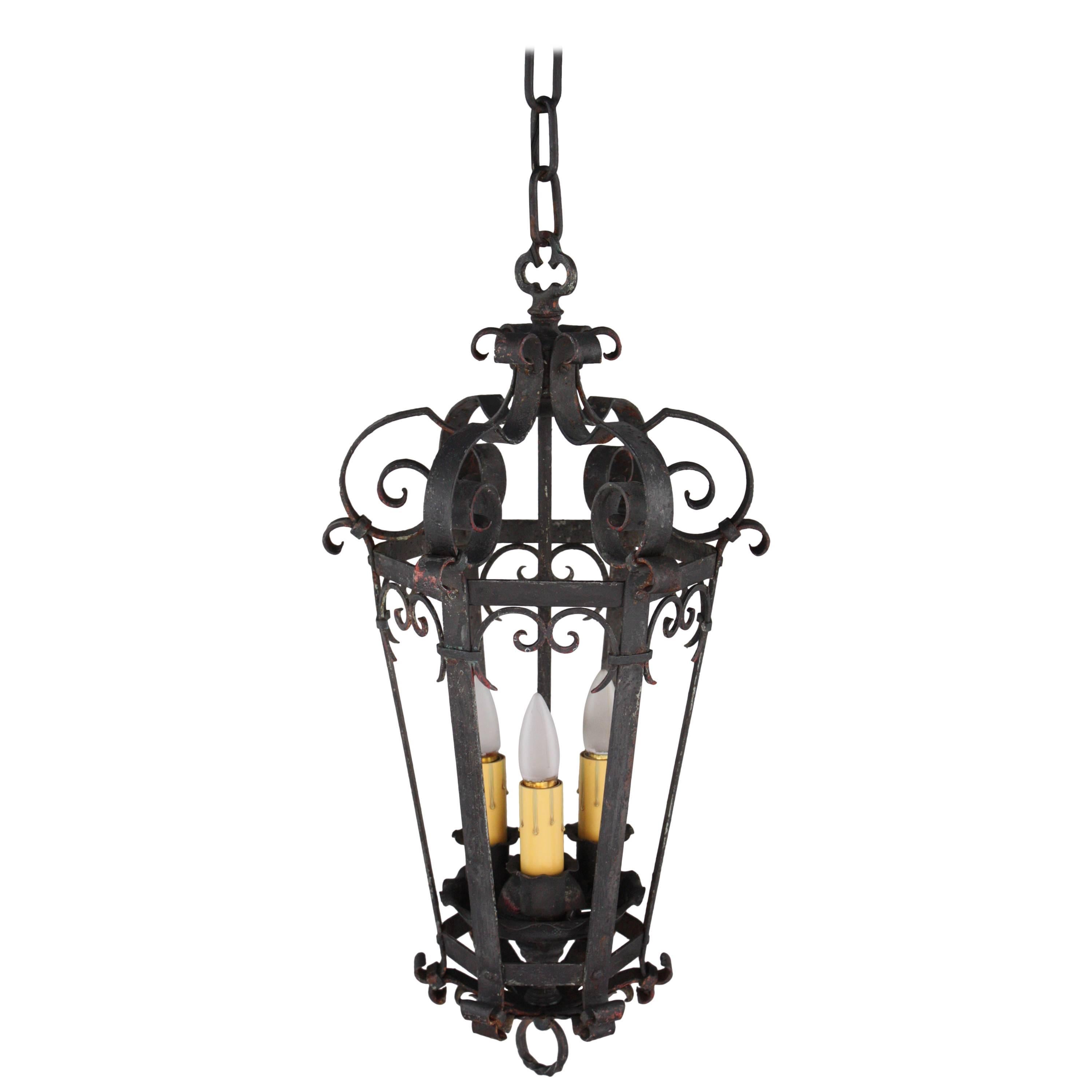 1920s Wrought Iron Pendant with Three Lights at 1stDibs