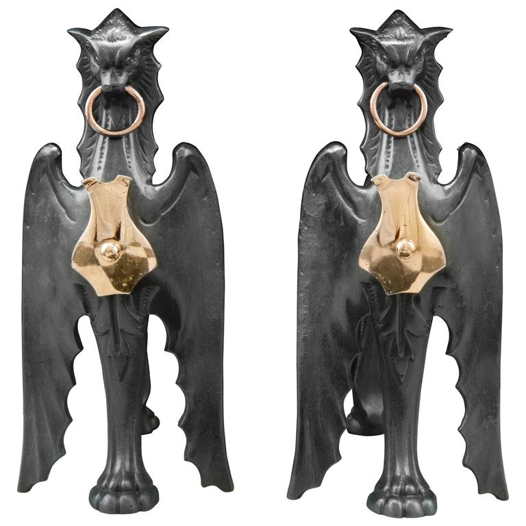 Pair of Antique Cast Iron and Copper Mounted Griffin Andirons at ...