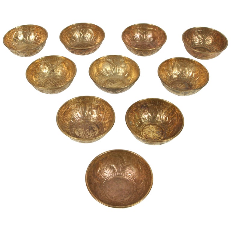 Set of Ten Antique Middle Eastern Brass Magic Bowls For Sale at 1stDibs