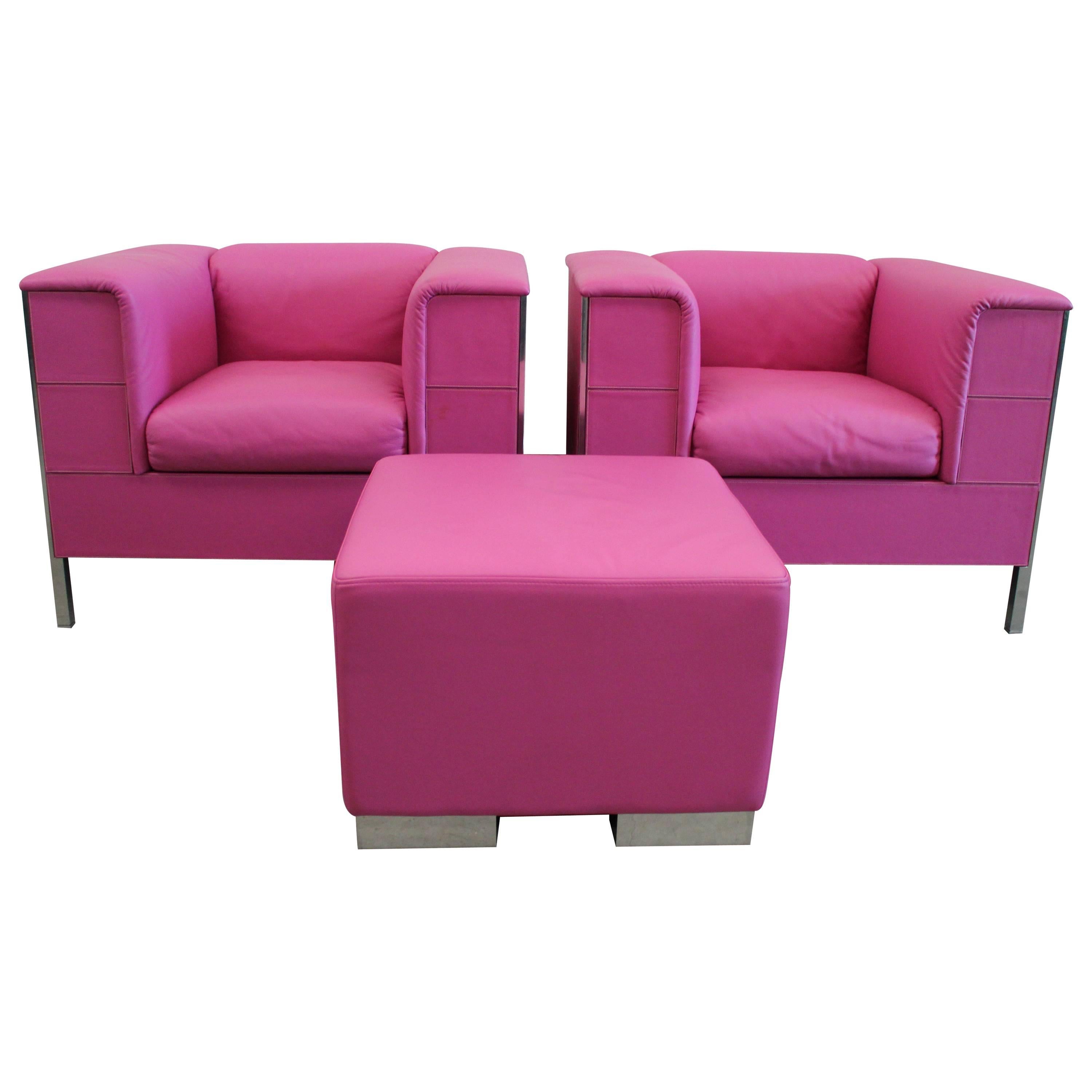 Poltrona "Talus" Armchairs and "Massimo" Footstool in Hot Pink "Pelle ...