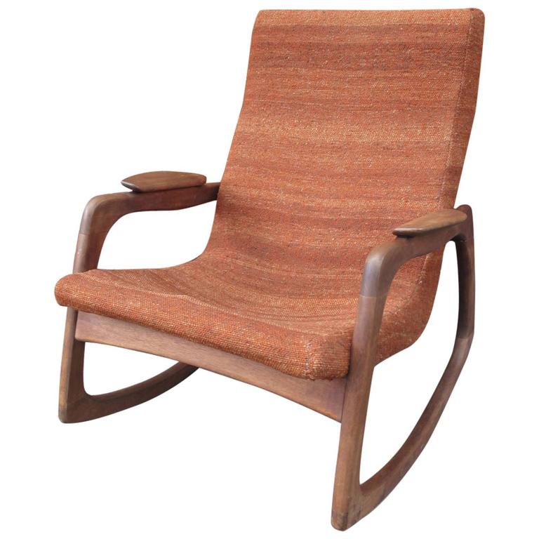 Mid-Century Modern Teak Rocker with Tweed Upholstery at 1stDibs