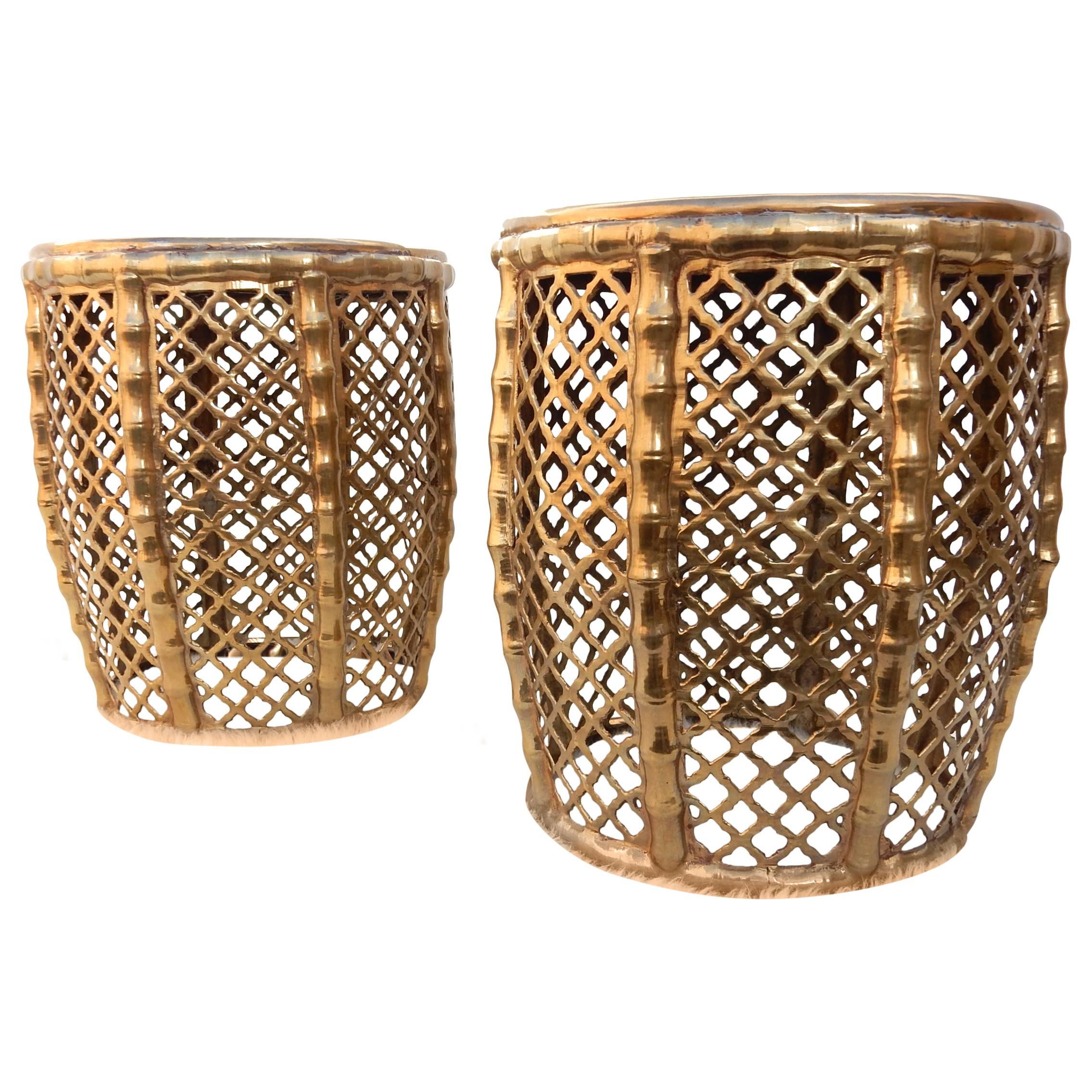 Hollywood Regency Pierced Brass Faux Bamboo Drum Stools, Pair at 1stDibs