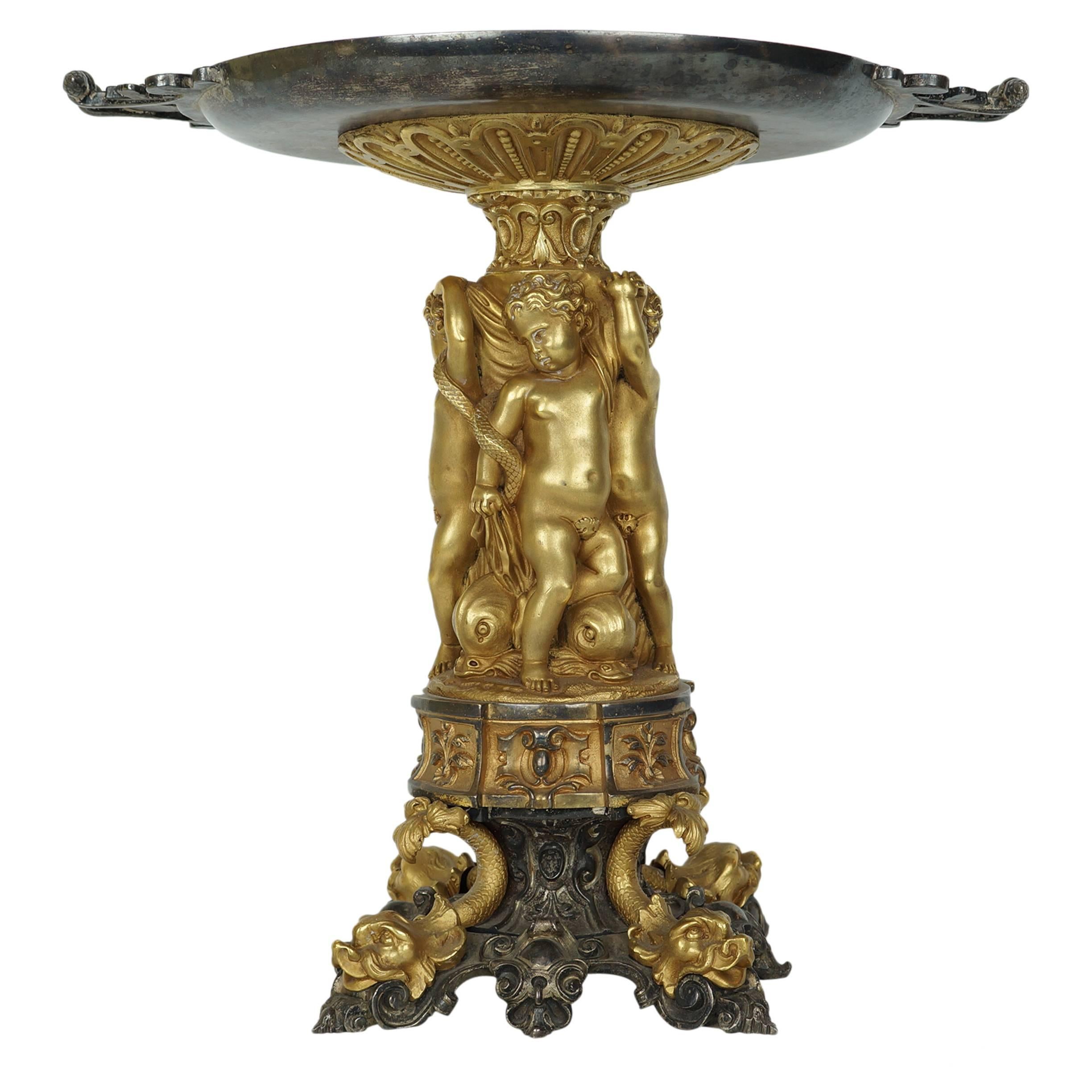 Gilt Bronze Figural Tall Table Centerpiece with Silvered Plate on Top ...