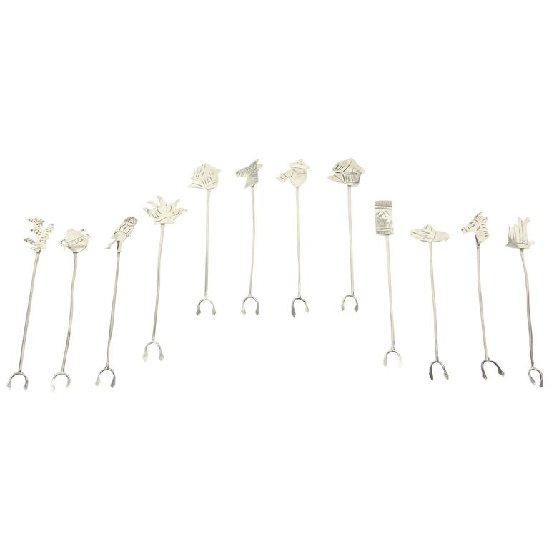 Set of 12 Mexican Silver-Plate Cocktail Forks/ Olive Picks at 1stDibs