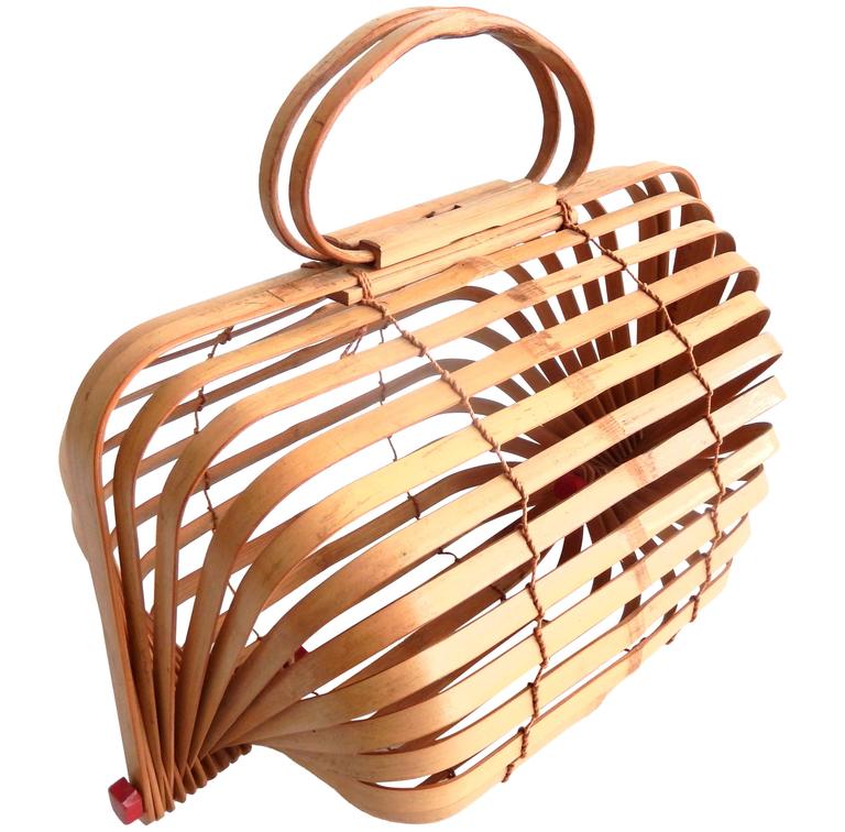 Mid-Century Japanese Folding Bamboo Bag/Occupied Japan at 1stDibs